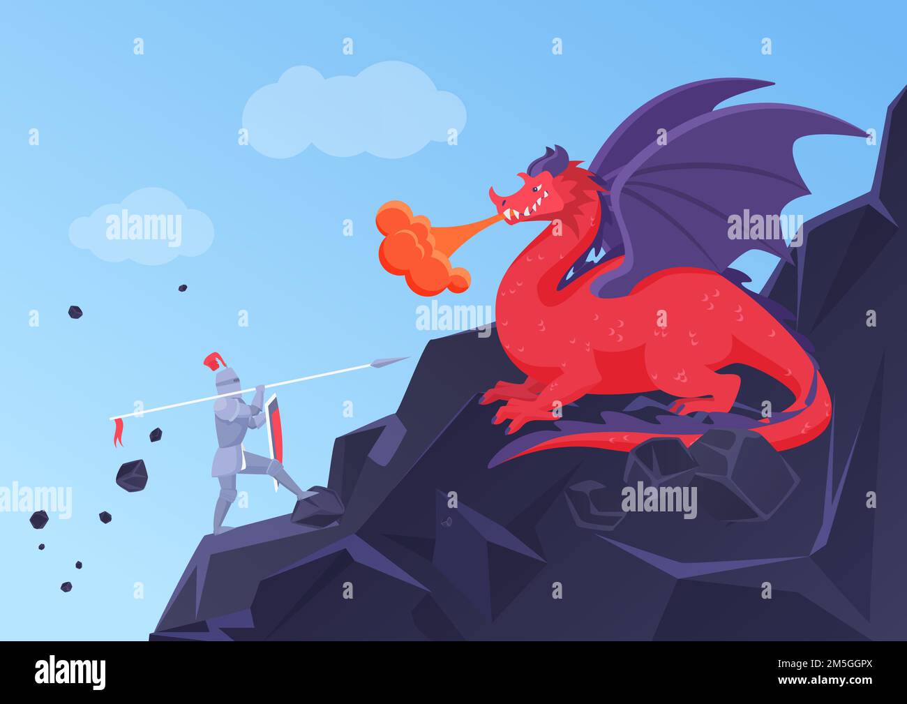 Fantasy battle fight of hero knight and dragon vector illustration ...
