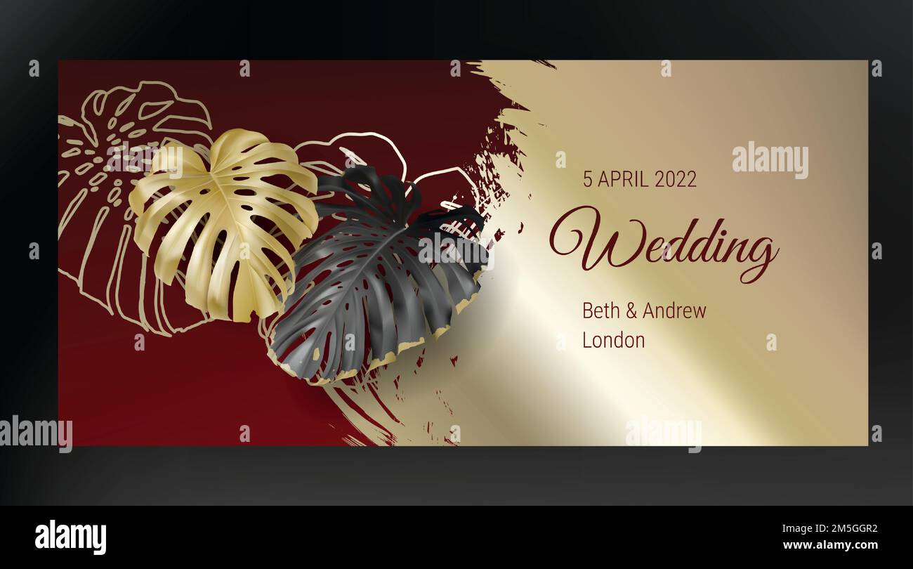 Tropical black gold monstera leaves on dark maroon background vector ...