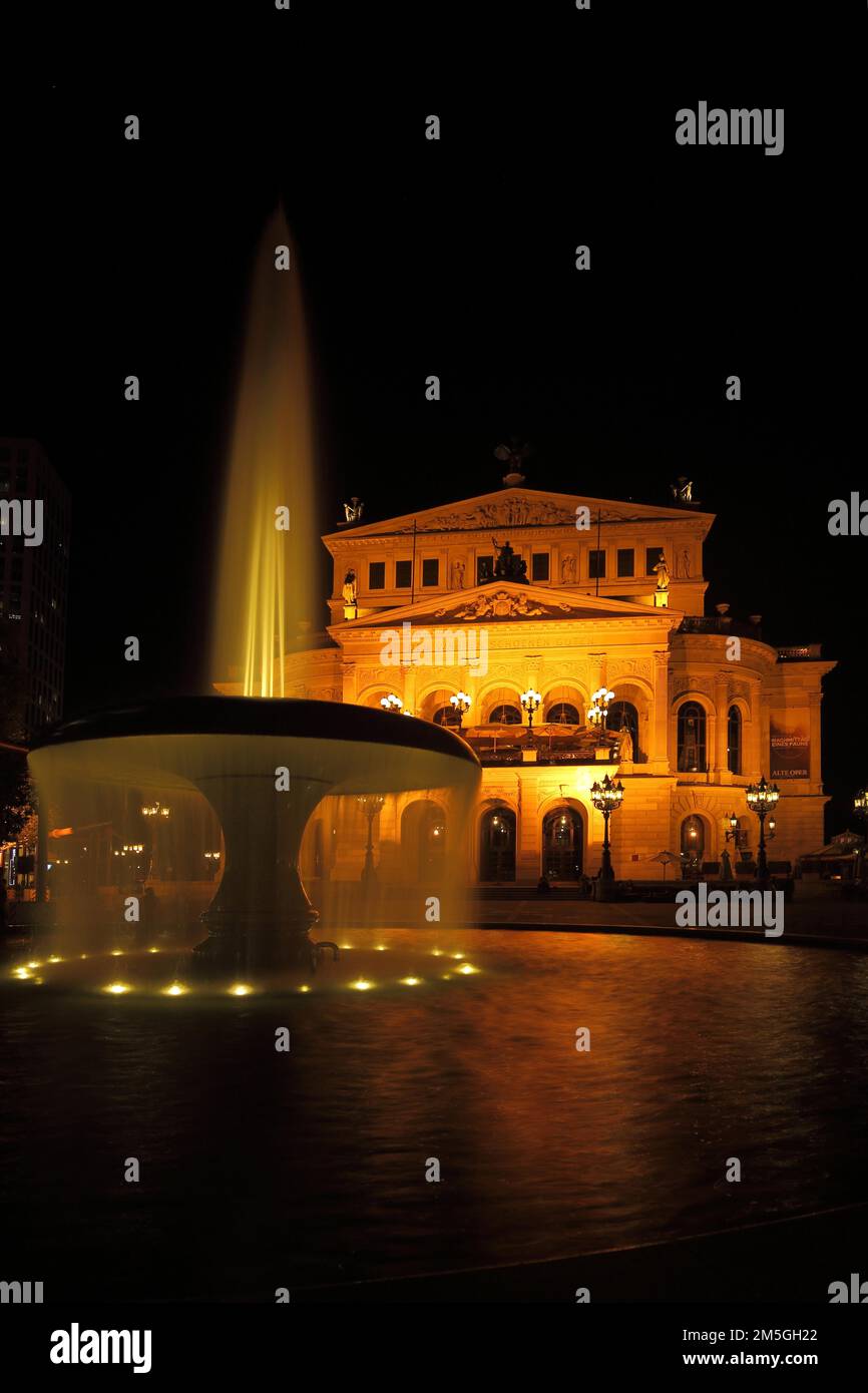 Lucae Fountain with Old Opera House, night shot, illumination, lighting ...