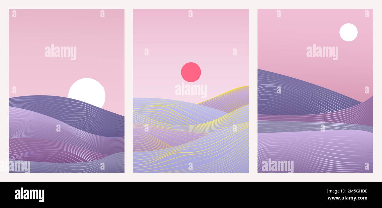 Abstract trendy minimal gradient nature landscape vector illustration set. Minimalist wavy ...