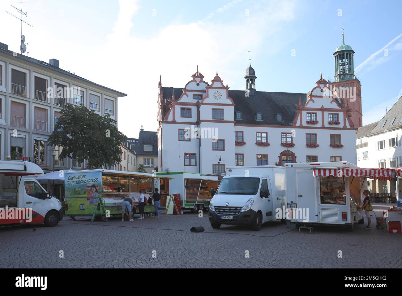 Market stalls at the market place with Old Town Hall, old, stalls ...