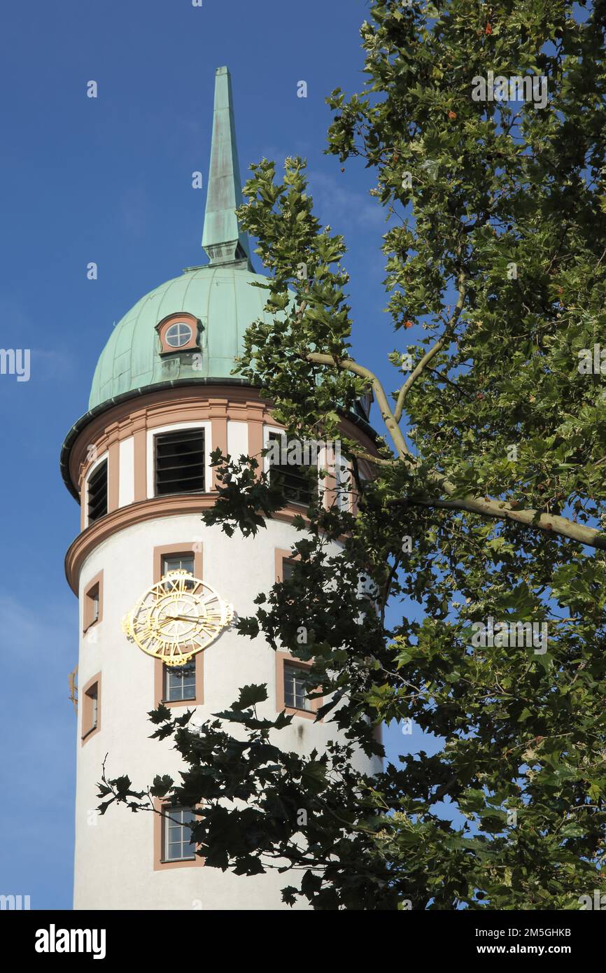 Spire of the historic White Tower built 1704, white, white, Darmstadt ...