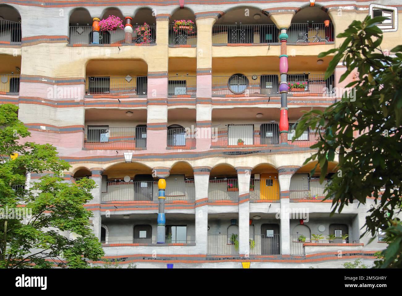 Facade with balconies of the Waldspirale, floors, balcony, window ...