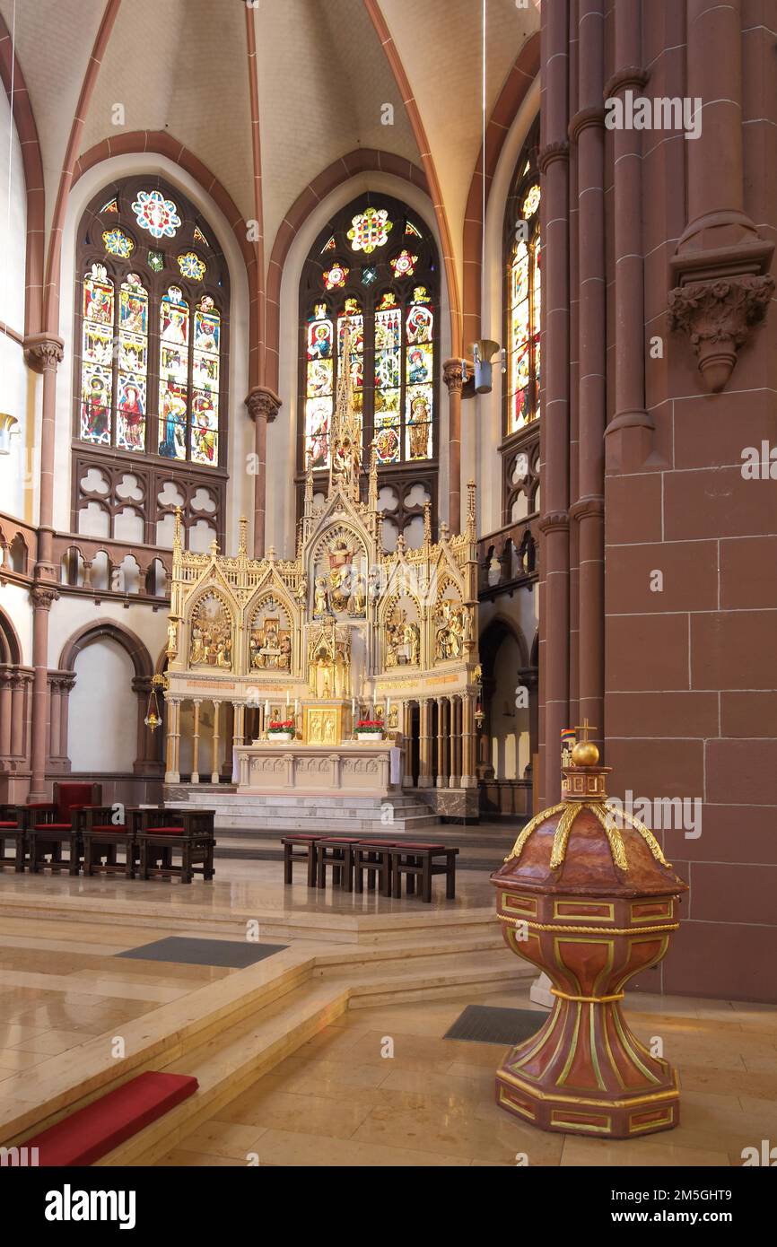 Interior view with baptismal font and chancel with folding altar High ...