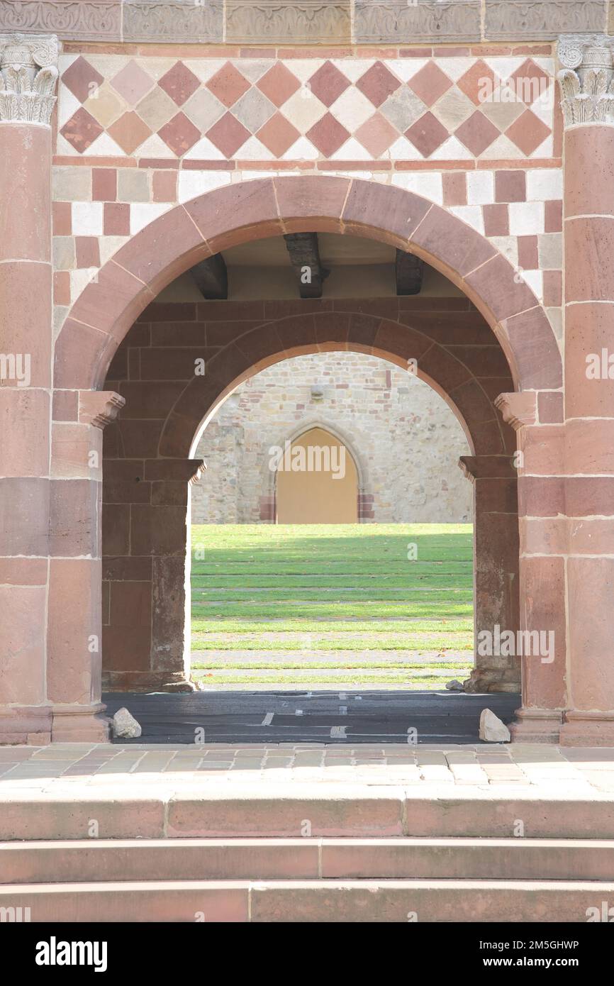 UNESCO Carolingian Monastery, detail of the King's Hall with archway ...
