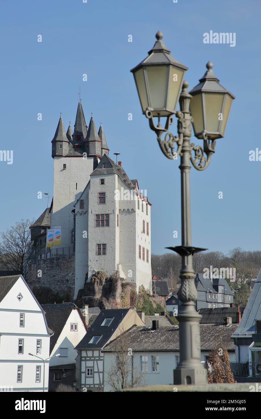Count's castle built 11th century as landmark with street lamp, Diez ...