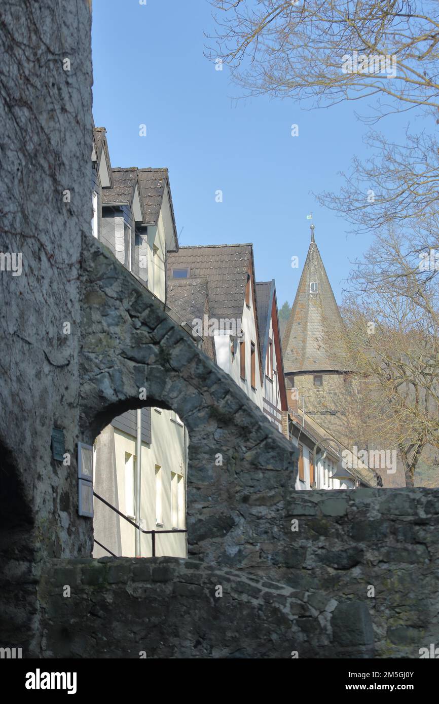 Historic town wall and Dillturm defence defence tower, town park ...