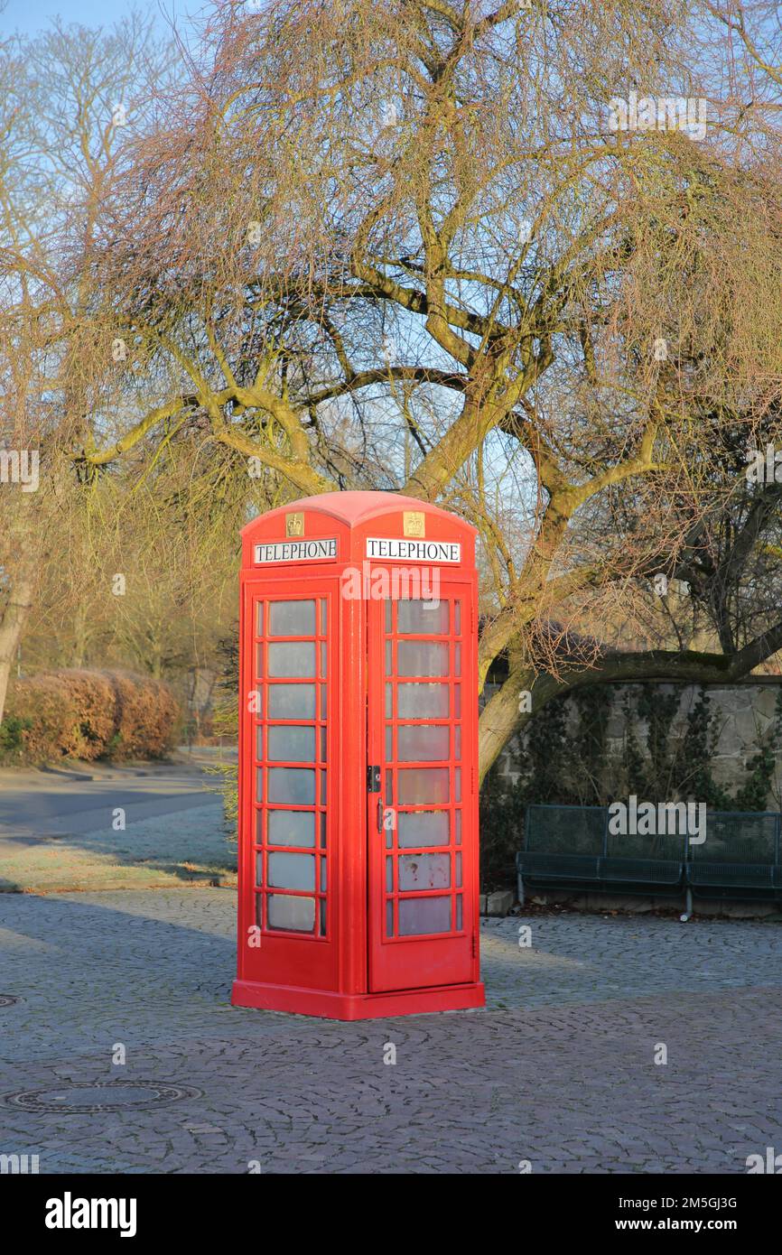 Historic red telephone box, historic, red, windows, fogged, Heusenstamm ...