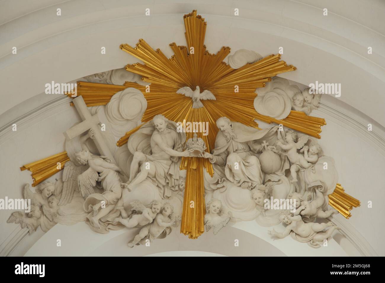 Interior view and detail of fresco with biblical scene with dove of ...