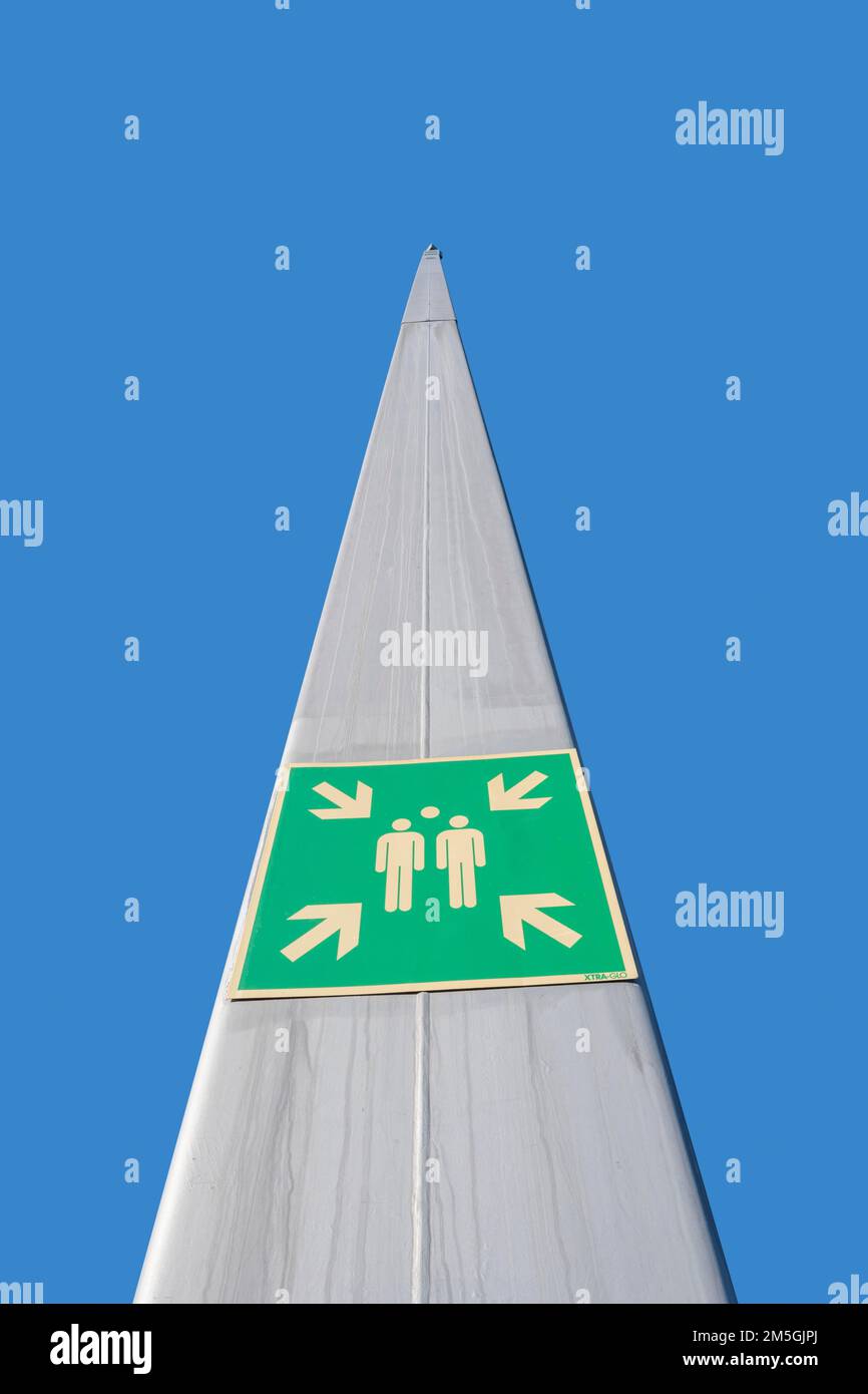 Pole with pictogram for assembly point in case of fire alarm, Metzingen ...
