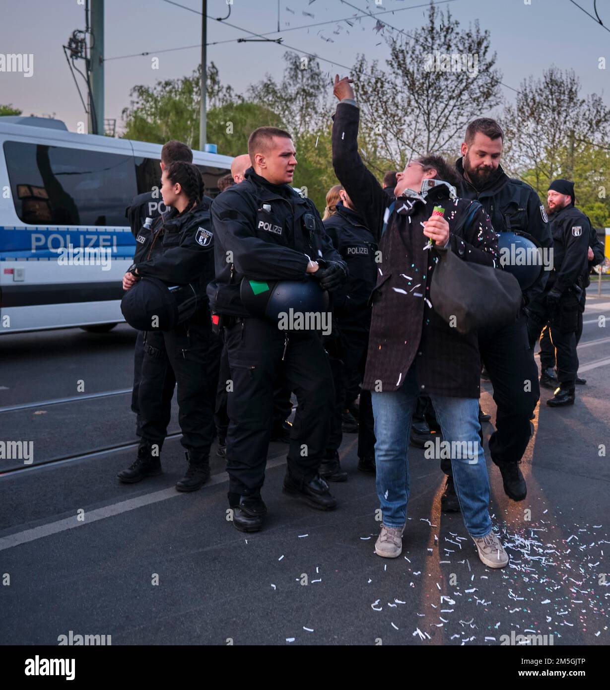 Germany, Berlin, 30. 04. 2022, Mauerpark, Walpurgis, demonstrator of a ...
