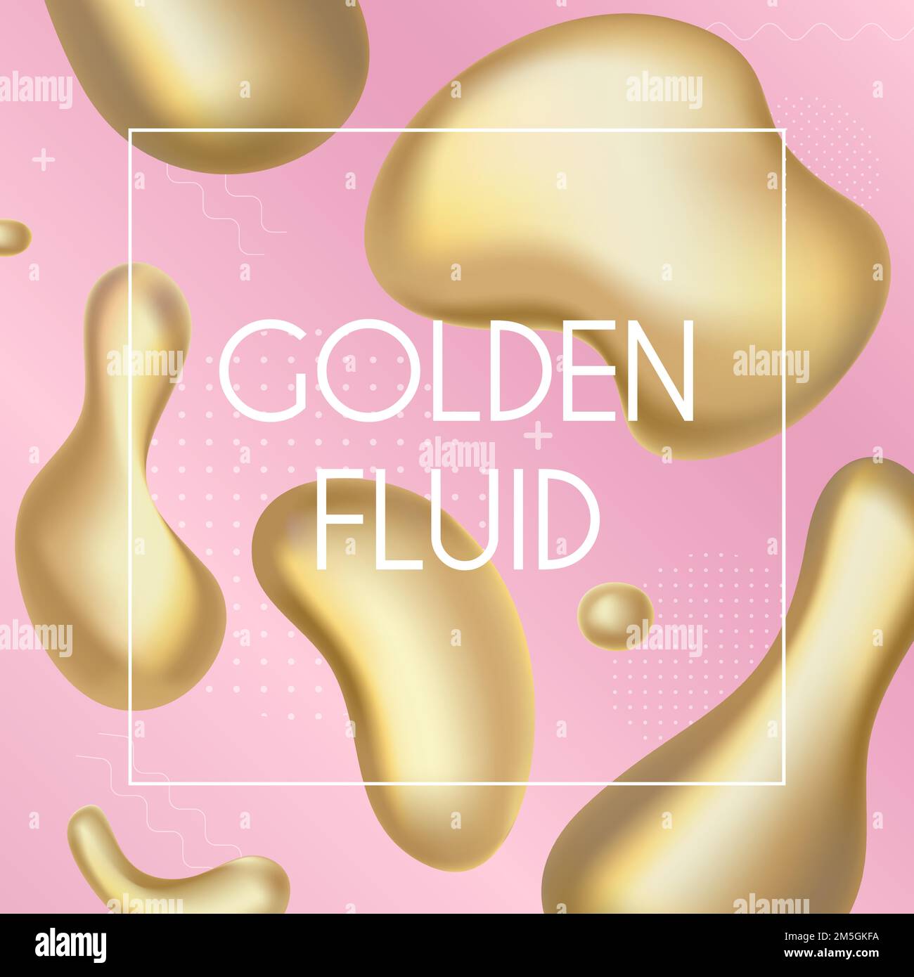 Gold liquid splash abstract shapes and luminous drops, 3d yellow shiny metal fluid drop bubble ...