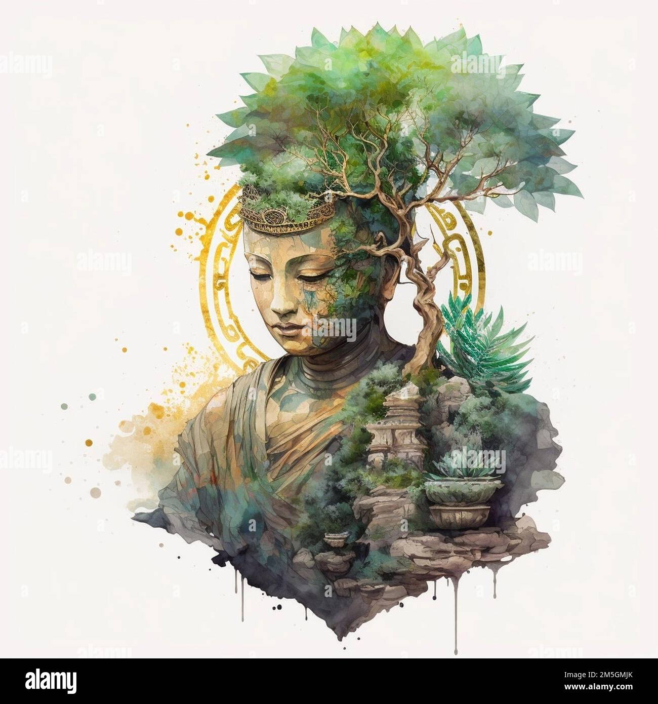 A painting of Buddha under a tree on a white background Stock Photo - Alamy