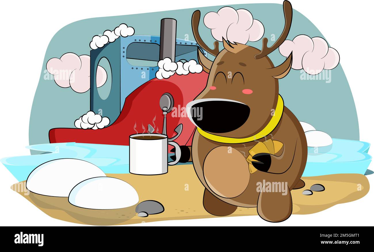 Cute deer decided to drink hot chocolate and have a snack with a ...