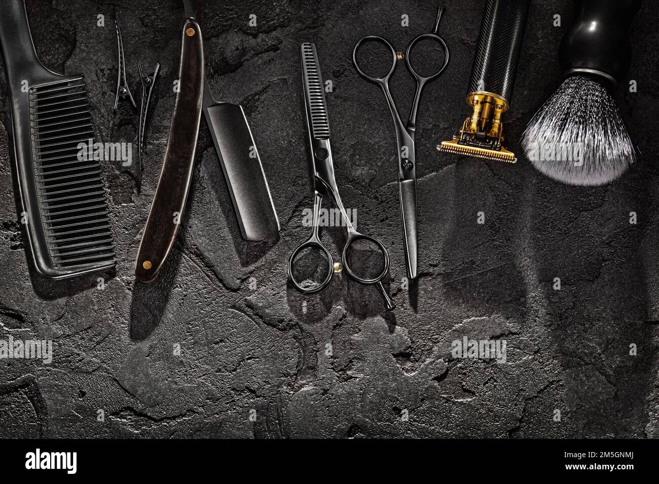 Black Tools Of Barber. Barber Shop. Professional Hair Cutting Scissors ...