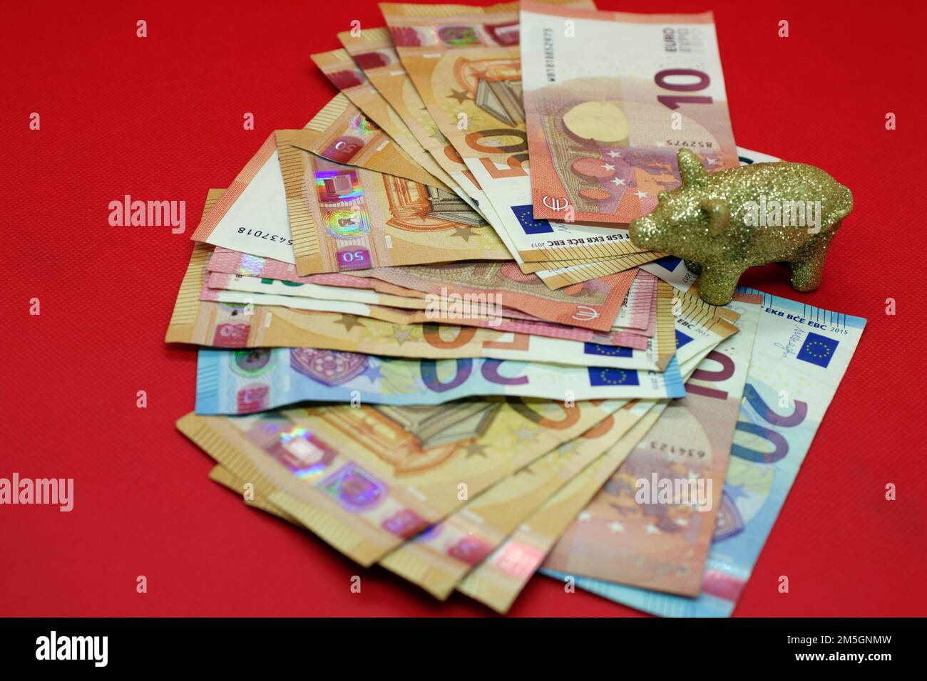Symbol picture wealth: Golden lucky pig in the middle of banknotes ...
