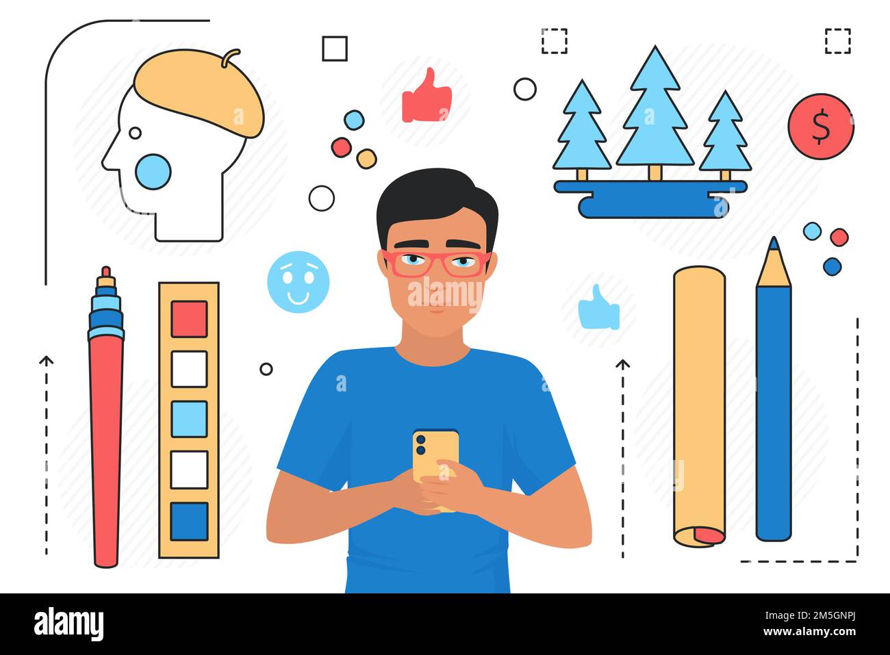 People with mobile phone, art tools objects, line app technology vector ...