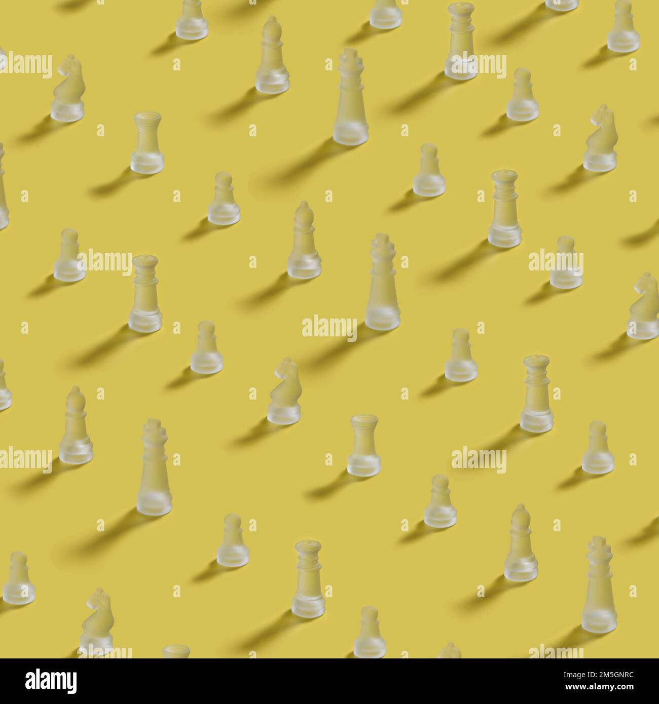 The crystal chess pieces organized on a yellow background for ...