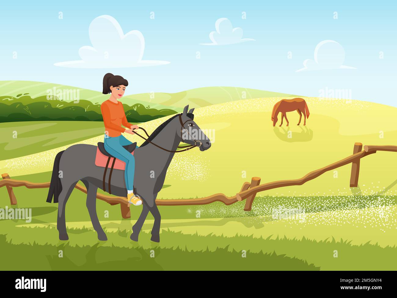 People ride horse in summer rural ranch landscape vector illustration ...