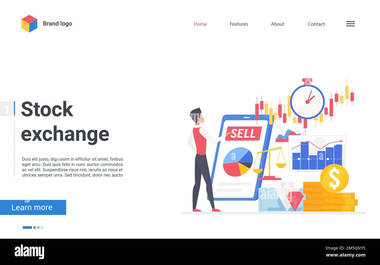 Stock exchange vector illustration. Cartoon marketer analyst man character monitoring financial ...