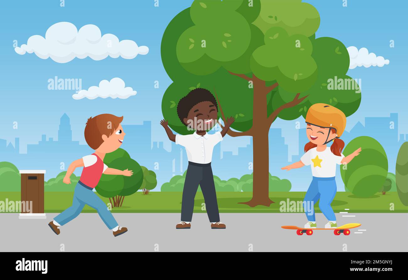 Happy children have fun together in city park, kid skate boarding ...