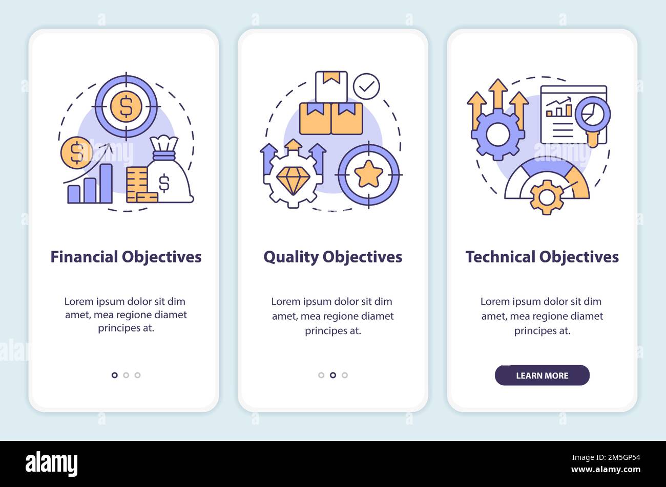 Objectives in project management onboarding mobile app screen Stock ...