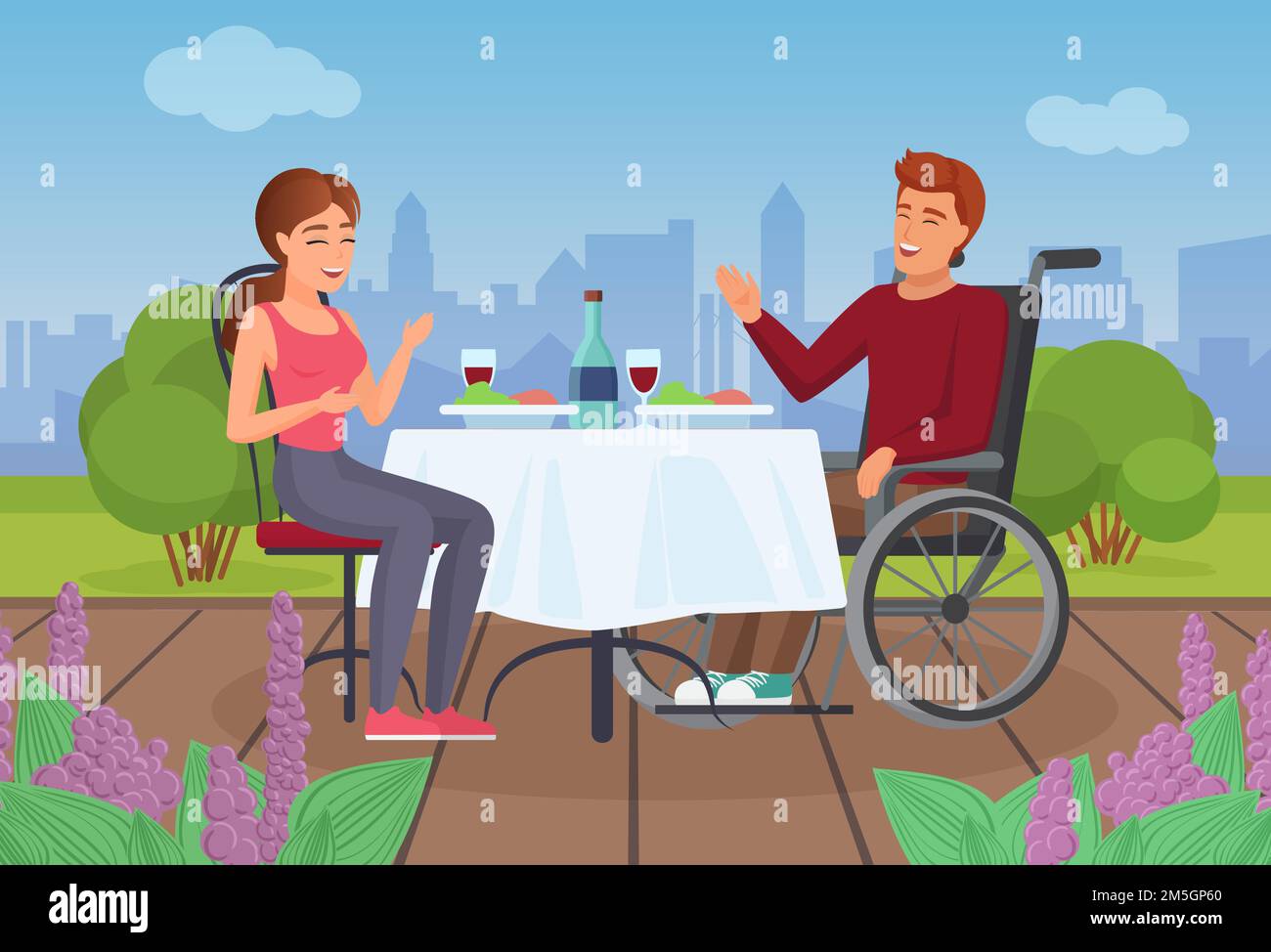 Couple people eat on outdoor terrace of restaurant cafe in summer ...