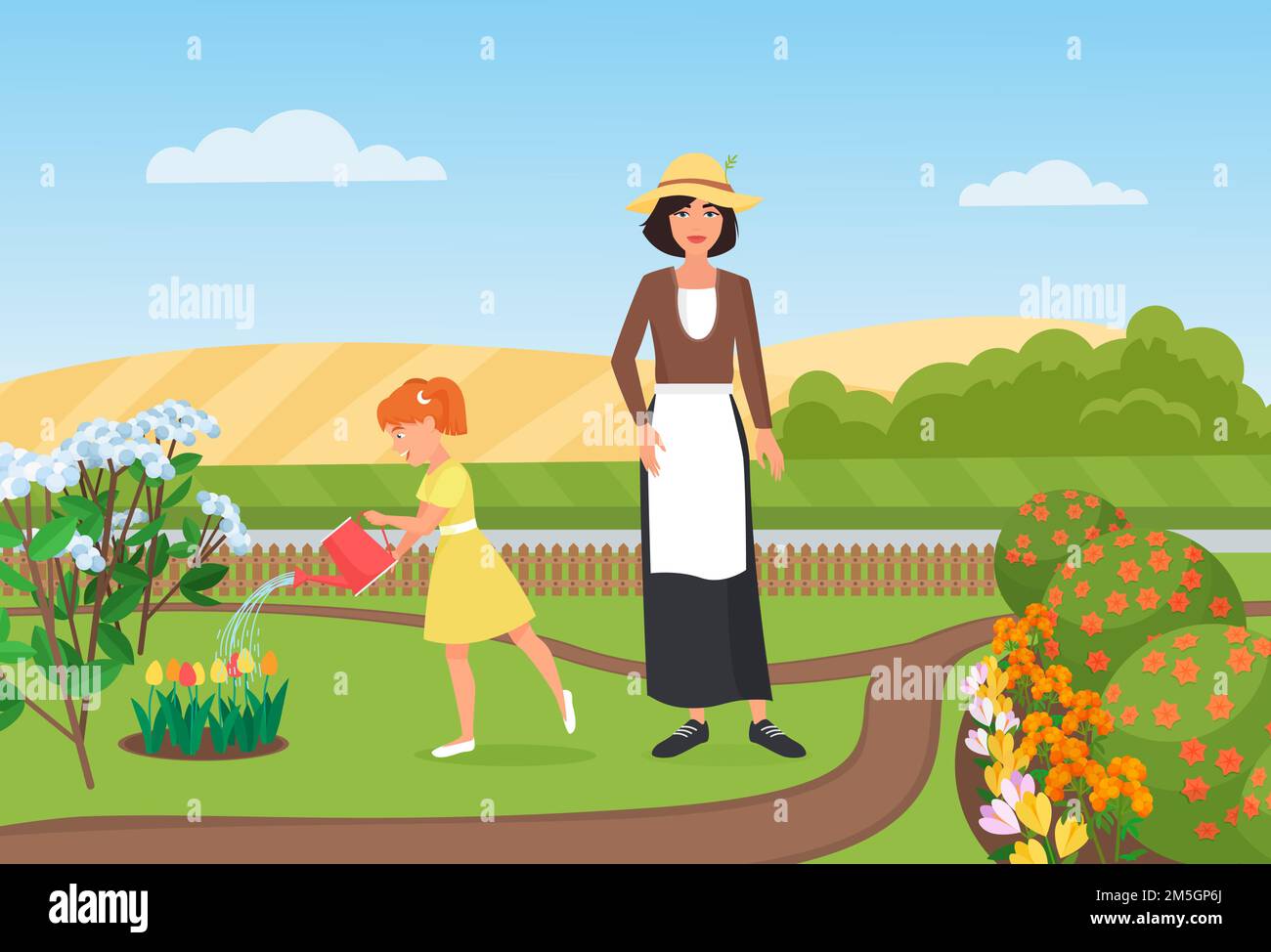 Family farmers people work, water flowers in farm garden vector ...