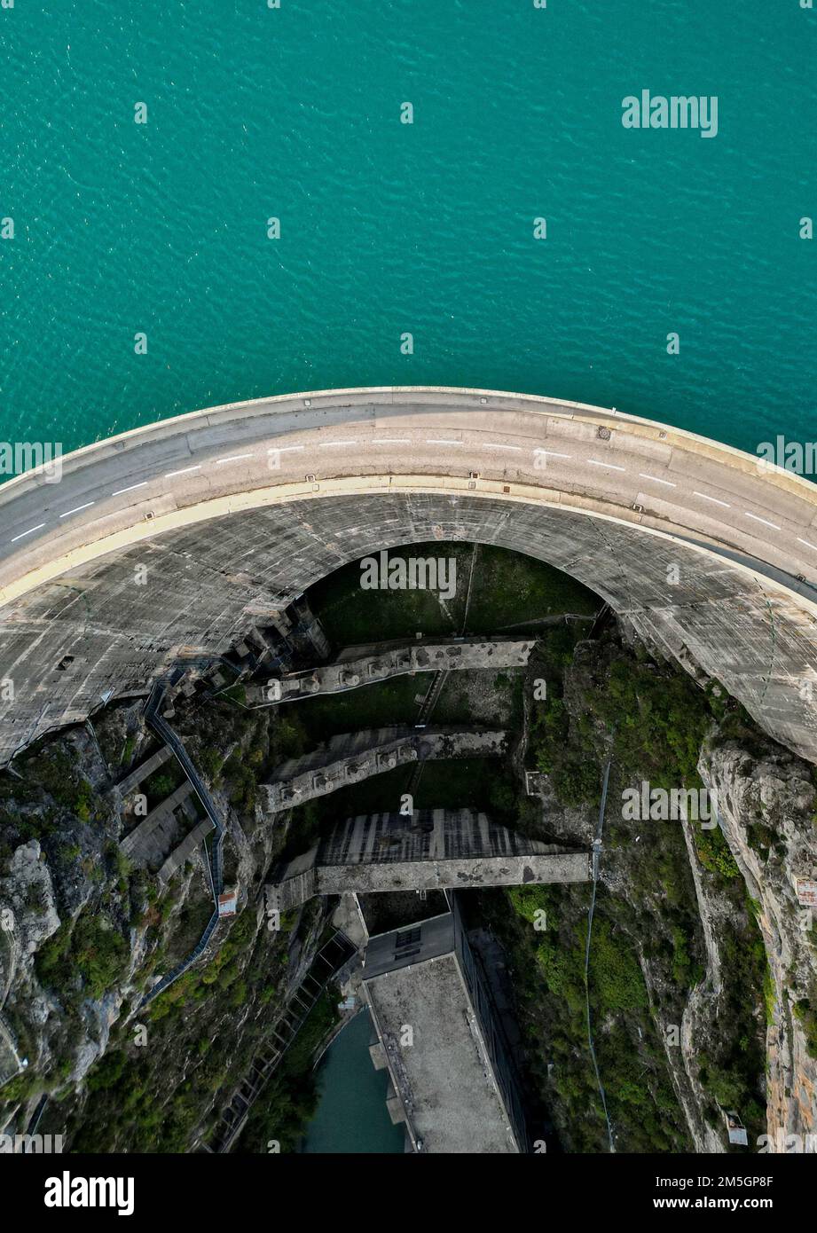 An aerial view of the hydroelectric power station on the Enguri River ...
