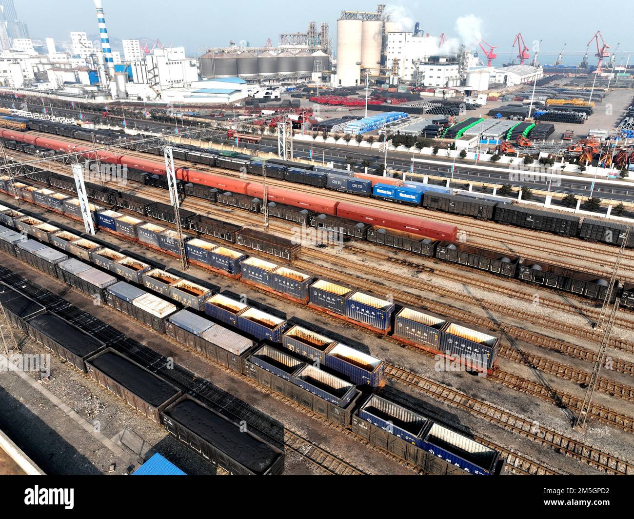 Aerial photo shows a busy scene of freight transport in railway marshalling yard in Lianyungang ...