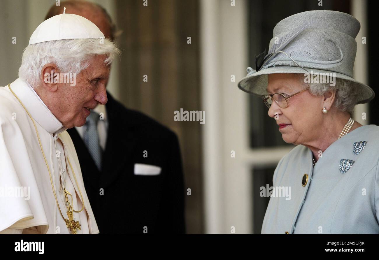 File photo dated 16/9/2020 of Queen Elizabeth II with Pope Benedict XVI ...