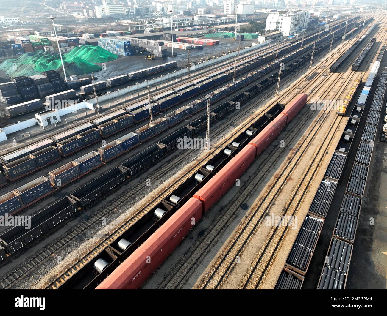 Aerial photo shows a busy scene of freight transport in railway marshalling yard in Lianyungang ...