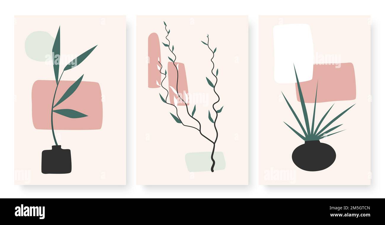 Abstract geometric shapes, vases with plant branch and leaves vector ...