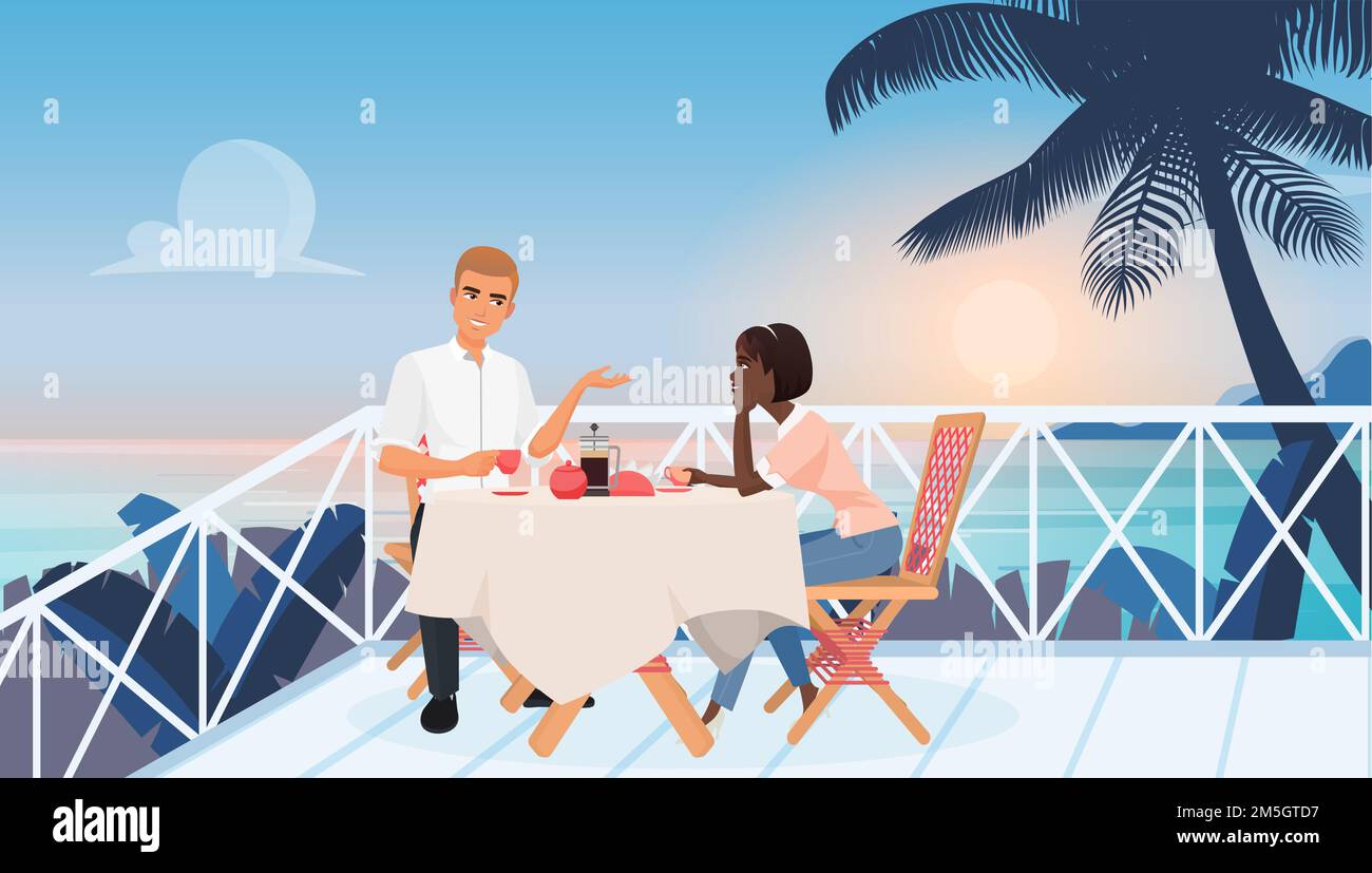 Young couple on a date in a restaurant near ocean during sunset vector ...