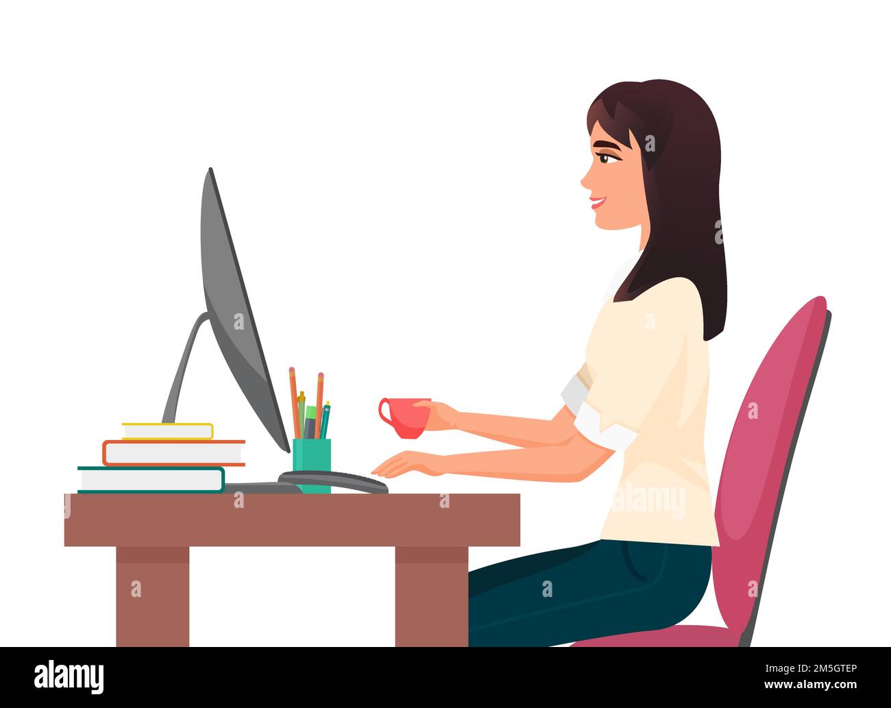 Coffee break time at office workplace, business people work vector ...