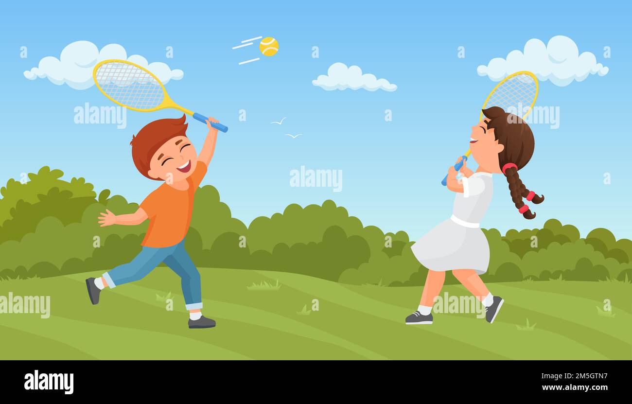 Kids play tennis in summer park vector illustration. Cartoon excited ...