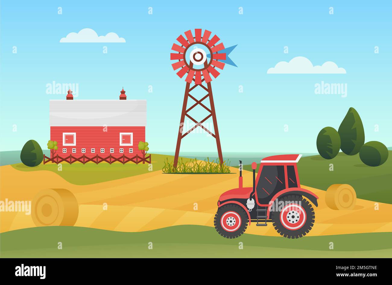 Farm agricultural tractor on village lands, countryside ranch landscape vector illustration ...