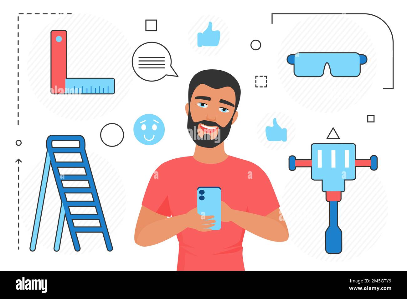 Home repair service, man customer character and construction tools line ...