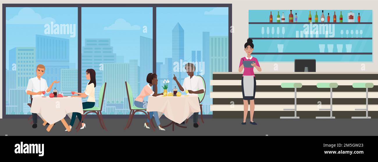 People drink coffee or tea in cafe, break time vector illustration ...