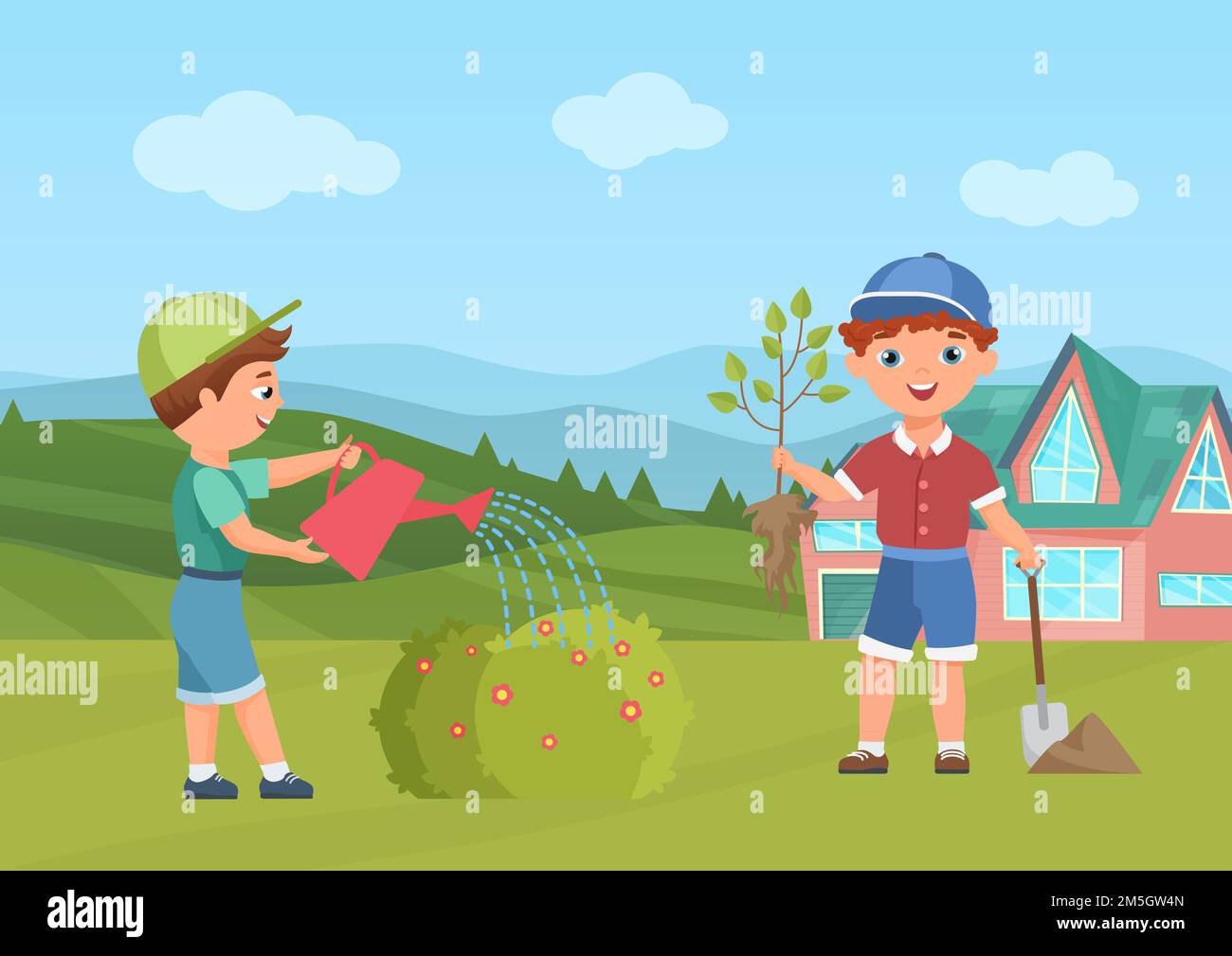 Happy children water plants in summer green garden or park vector ...