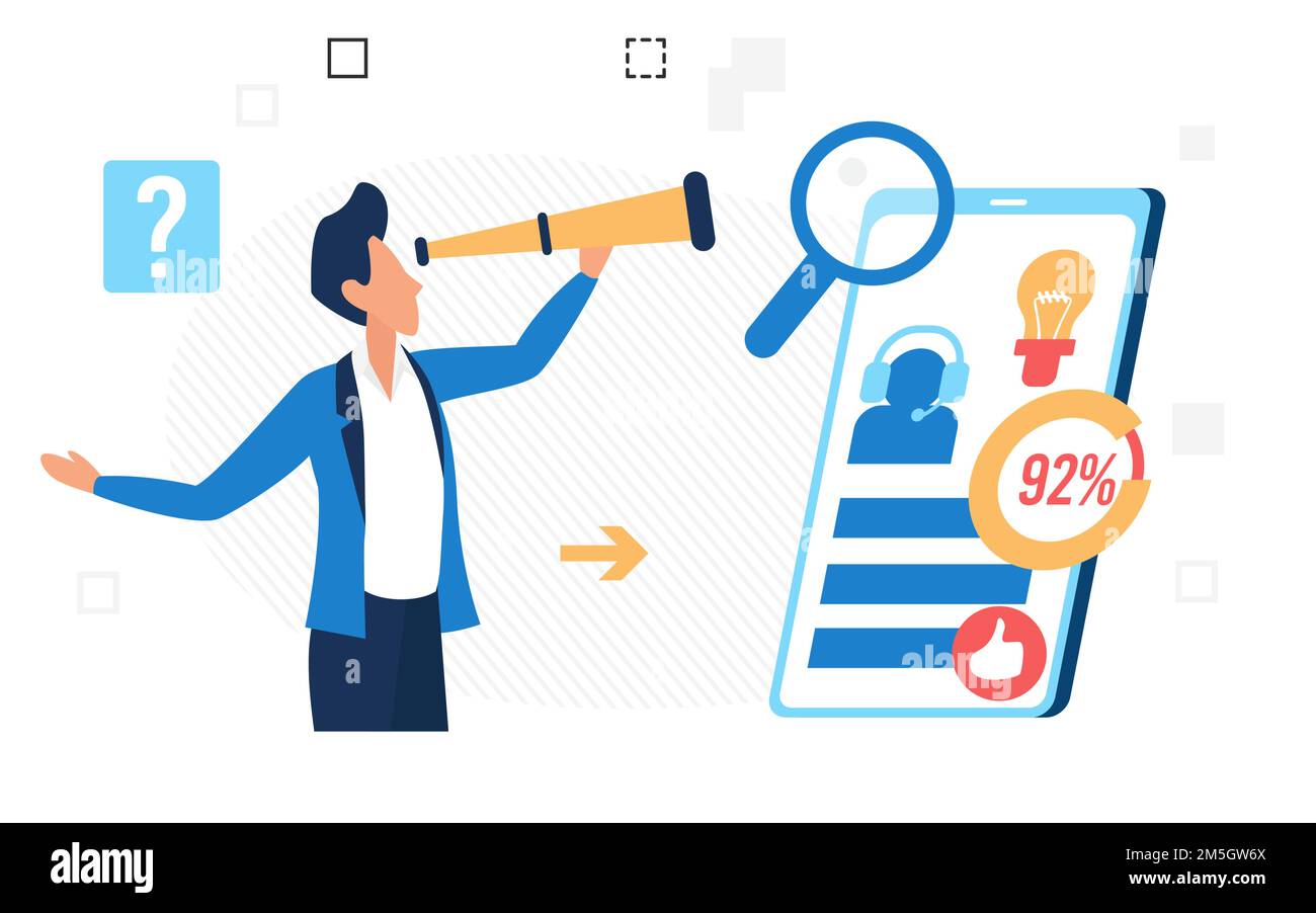 Vector illustration of cartoon male client character with spyglass ...