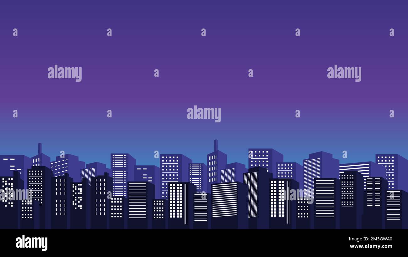 Vector silhouette of city buildings with purple sky shadow. collection ...