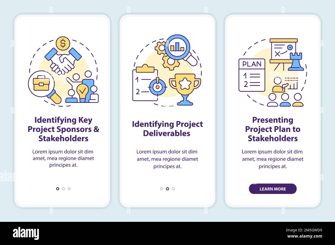 Project planning stages onboarding mobile app screen Stock Vector Image ...