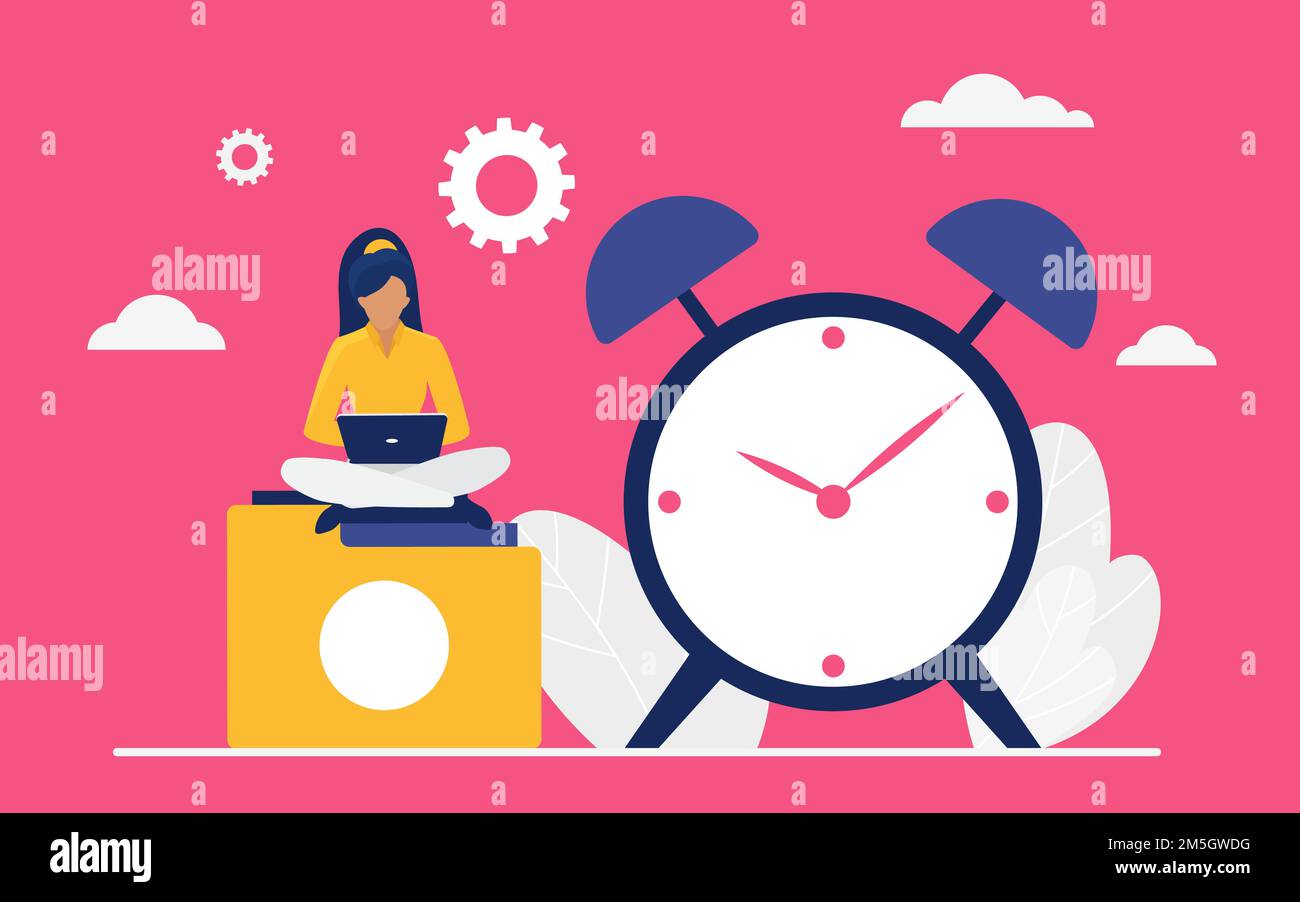Time management work concept vector illustration. Cartoon tiny woman ...