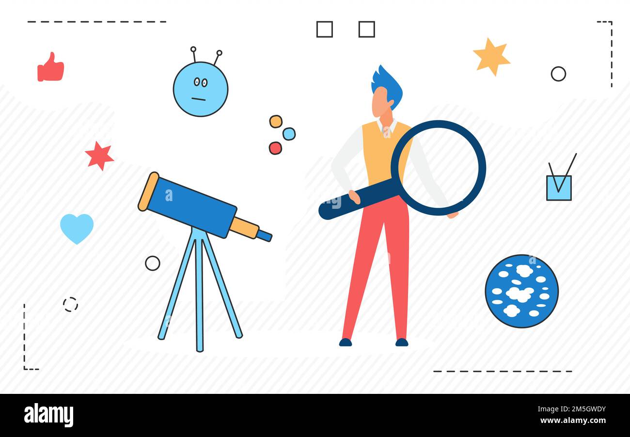 Space science research, astronomy vector illustration. Cartoon scientist man holding magnifying ...