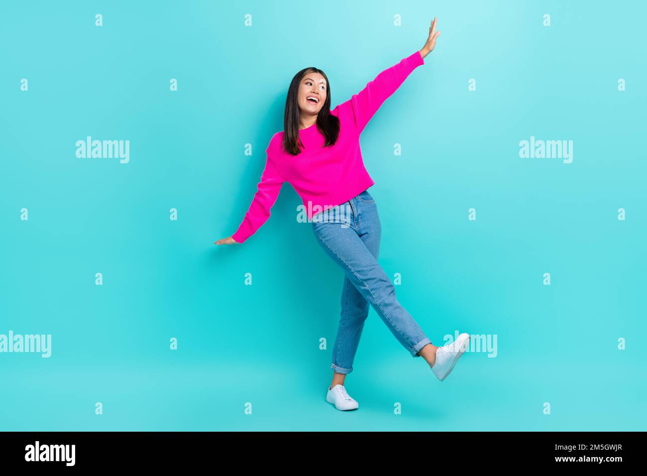 Full length photo of dreamy adorable girl dressed pink pullover walking ...