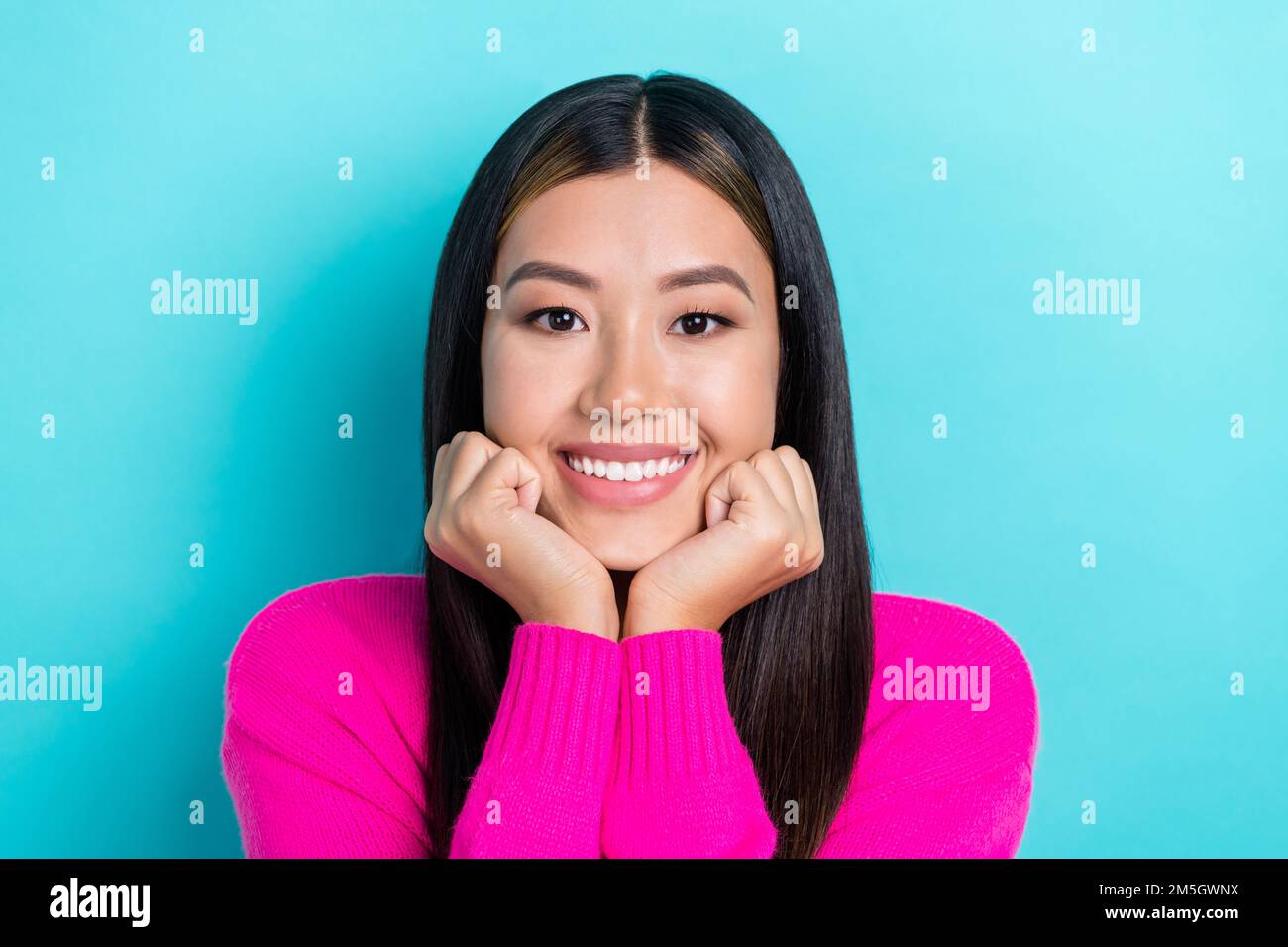 Close up photo of cheeful nice lady wear fashionable clothes two arm ...