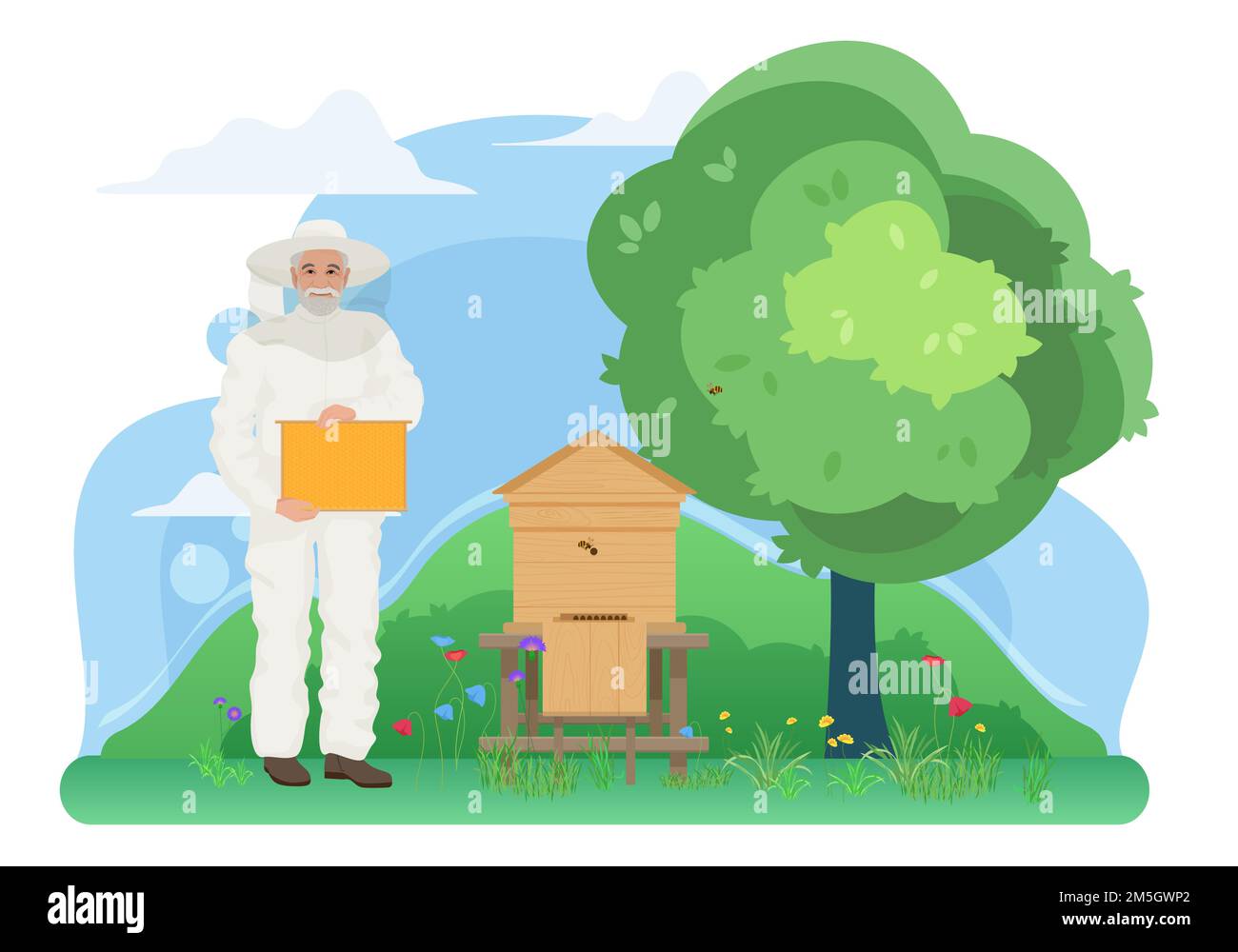 Beekeeping apiculture, farm apiary work in village vector illustration ...