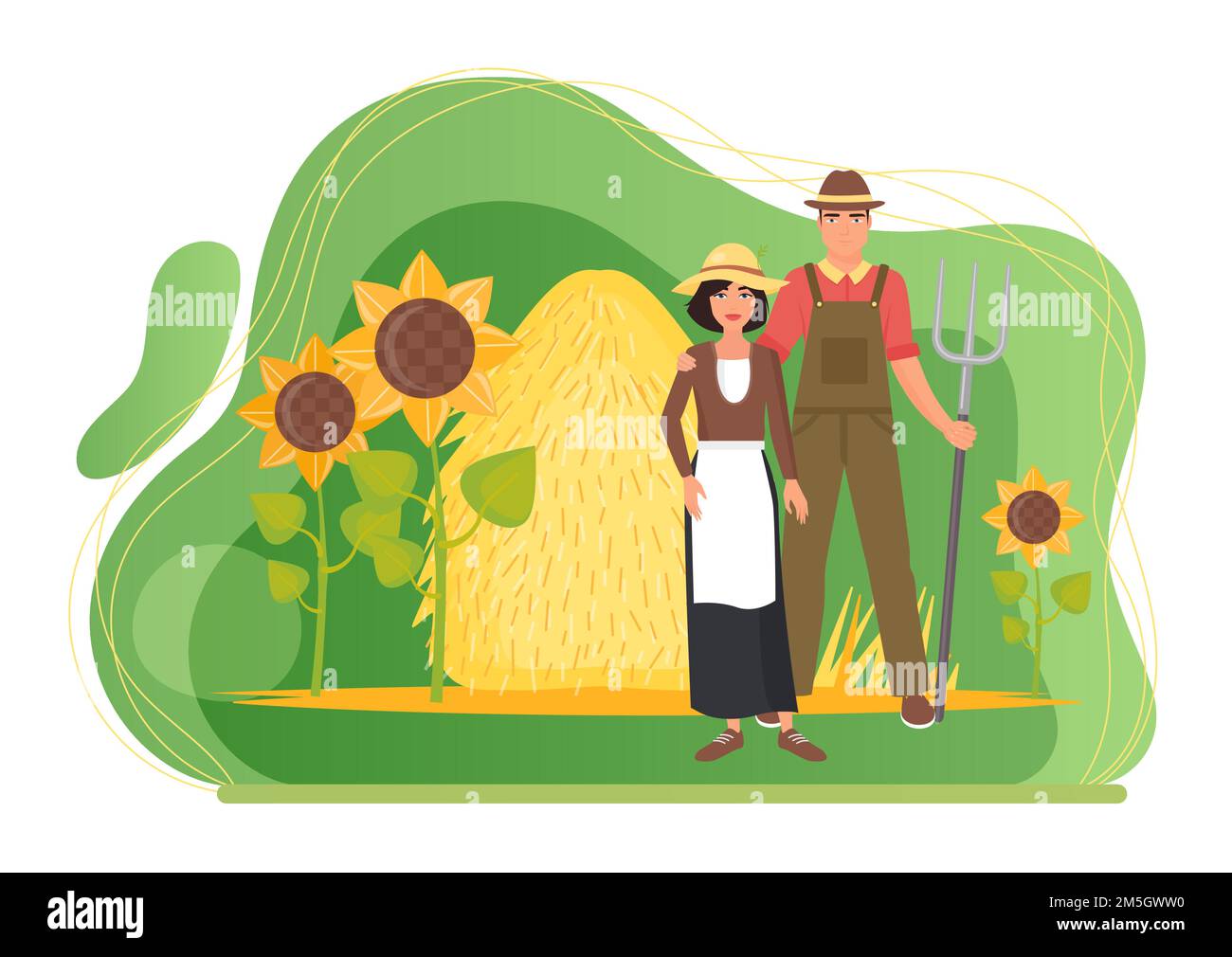 Farmers people and farm village landscape with haystack and sunflowers ...