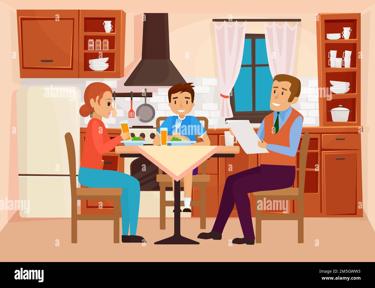 Family people eat dinner at home kitchen interior vector illustration ...